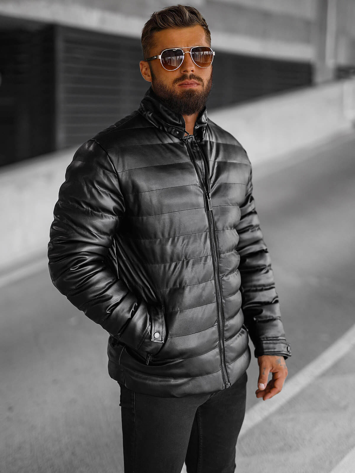 Férfi téli bőrkabát fekete OZONEE O/M796Z | OZONEE.HU